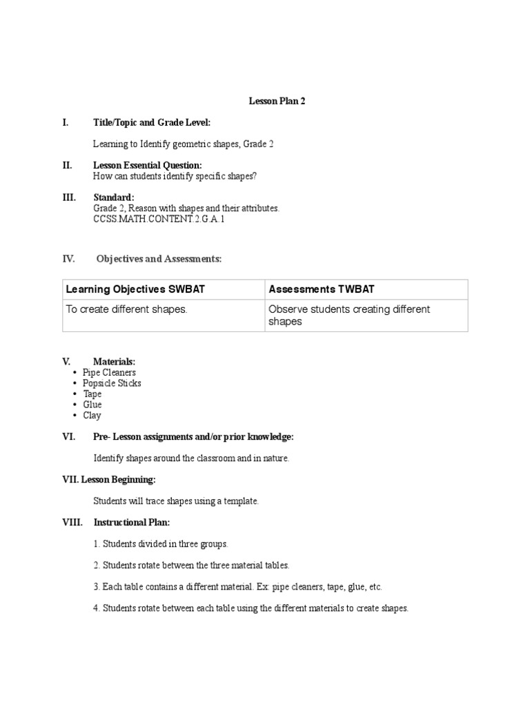 Lesson Plan 2 I. Title/Topic and Grade Level:: IV. Objectives and ...