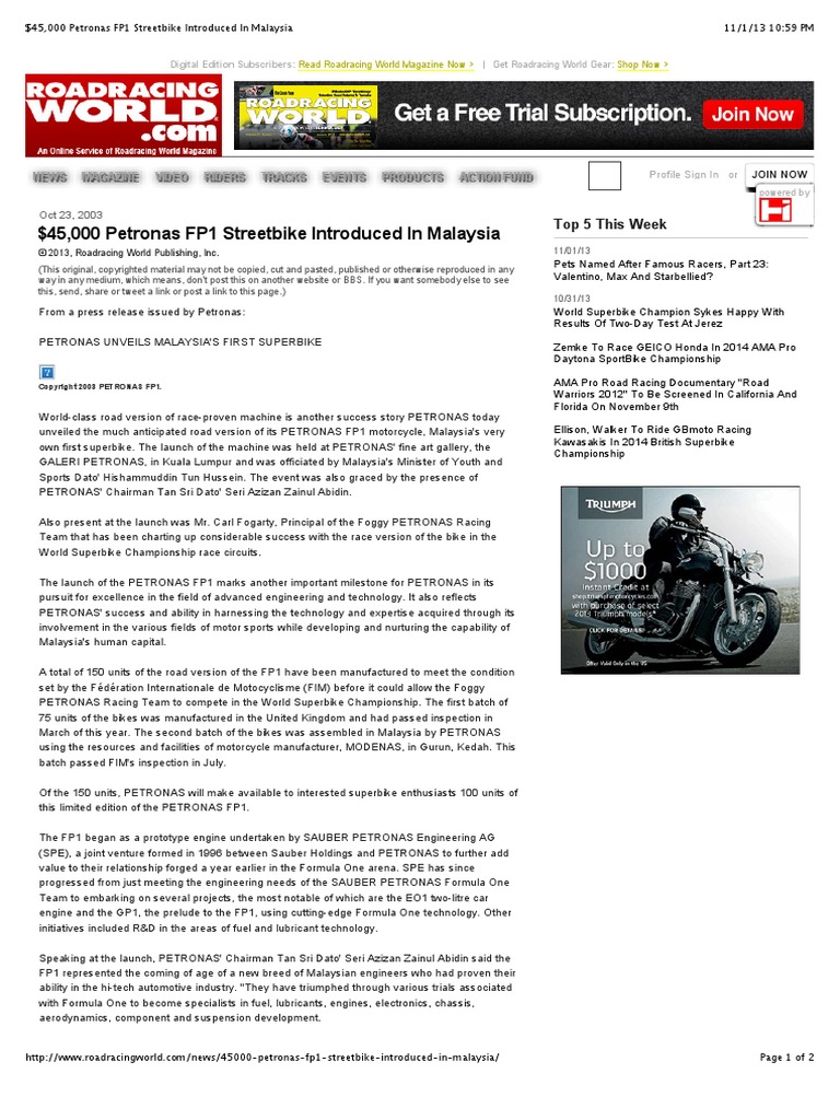 $45,000 Petronas FP1 Streetbike Introduced in Malaysia | PDF | Motorcycling | Motor Vehicle