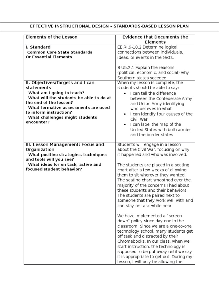 Effective Instructional Design - Standards-Based Lesson Plan | PDF ...