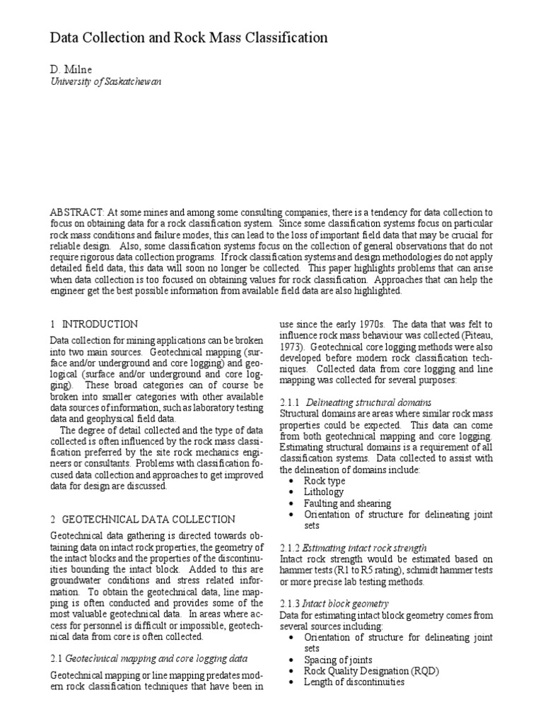 Data Collection and Rock Mass Classification PDF | PDF | Surface ...