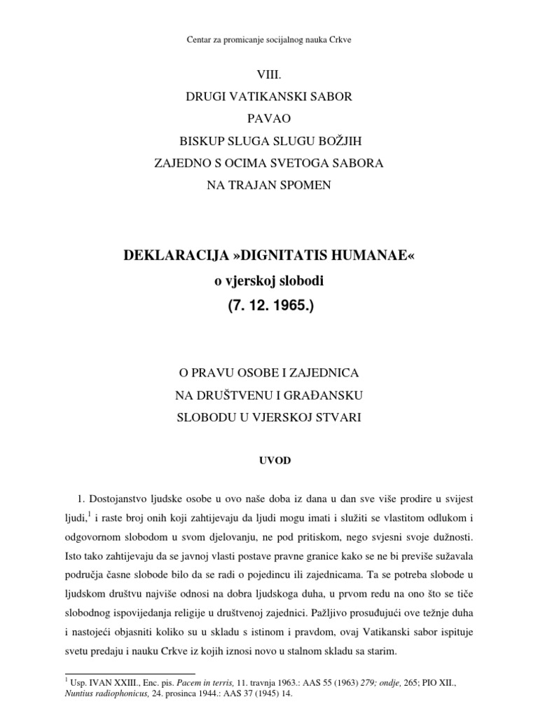 Dignitatis Humanae - Deklaracija o Vjerskoj Slobodi | PDF