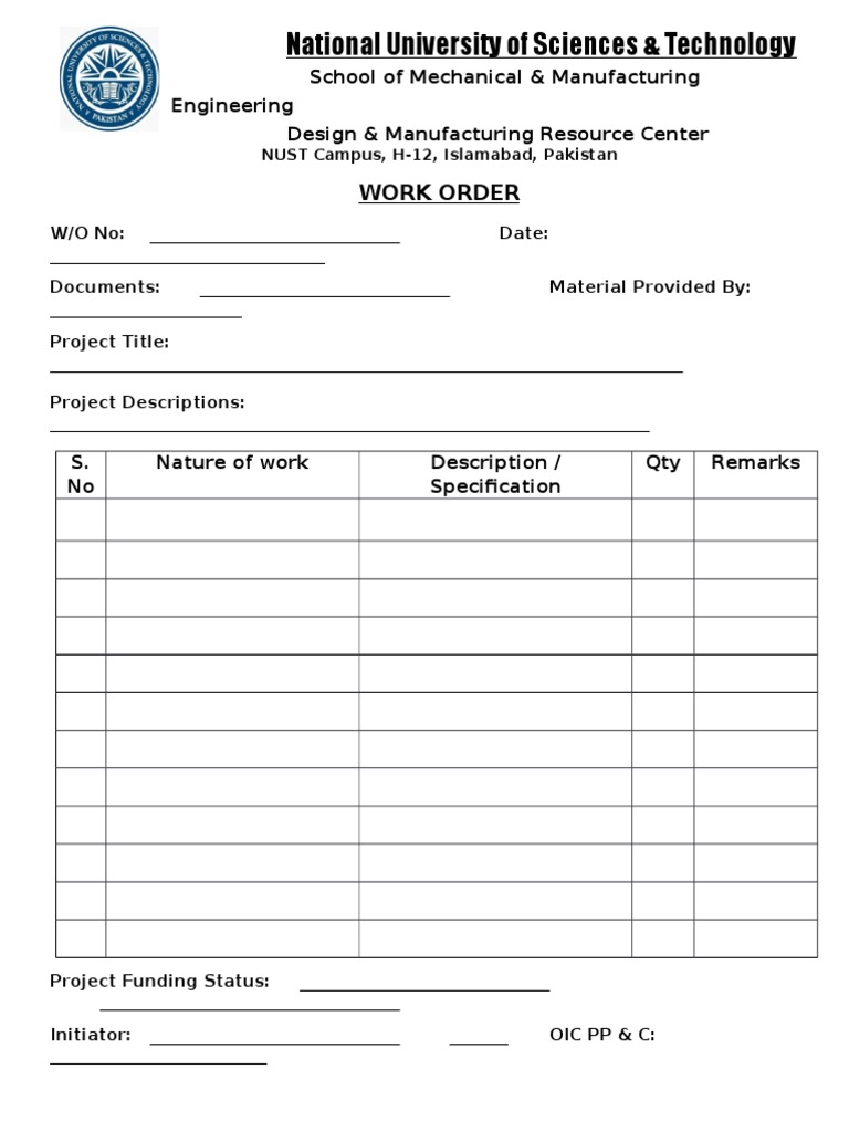 National University of Sciences & Technology: Work Order | PDF ...