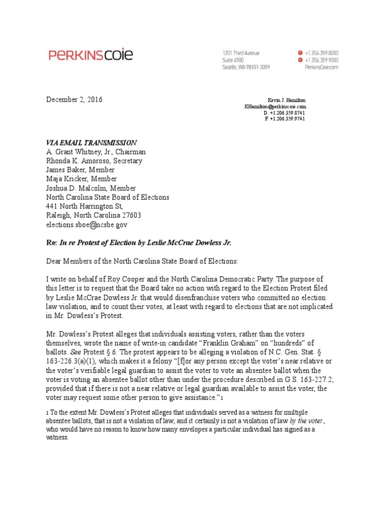 Kevin Hamilton of Perkins Coie December 2, 2016 Letter To NC State ...