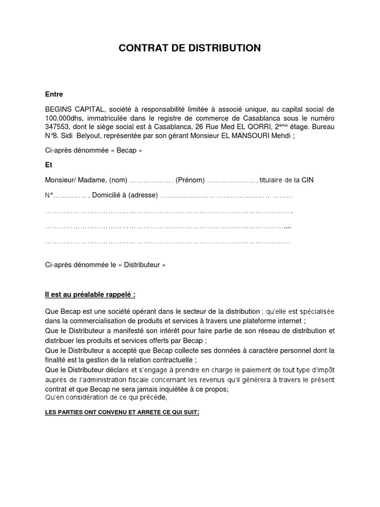 Contrat de Distribution v1 | Télécharger gratuitement PDF | Données ...