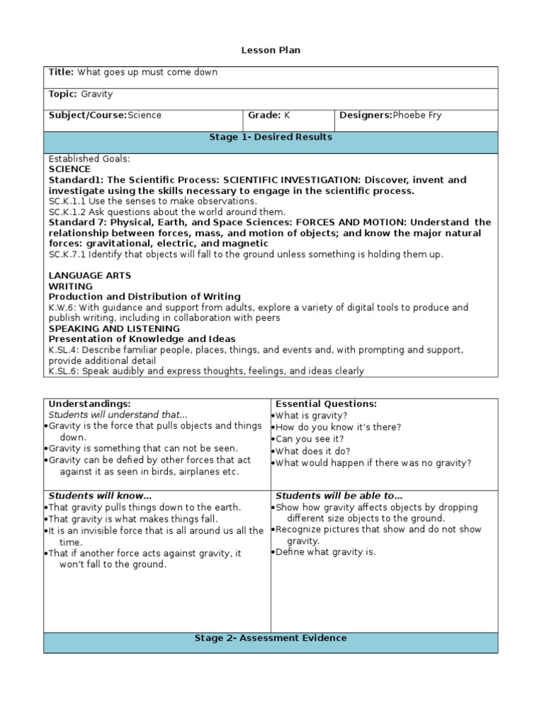 Gravity Bit Lesson Plan | Download Free PDF | Educational Assessment ...