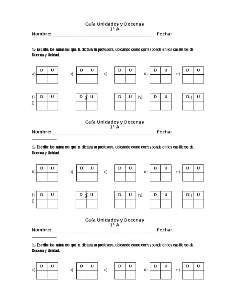 Guía de Unidades y Decenas 1° Básico | PDF