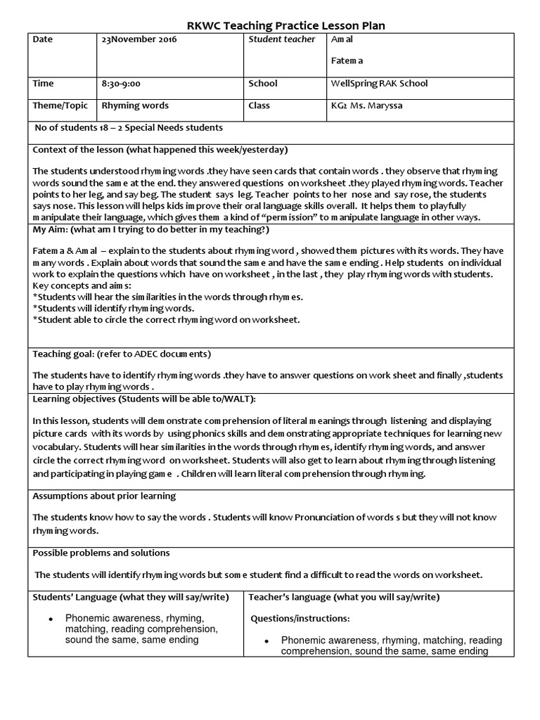 RKWC Teaching Practice Lesson Plan: Student Teacher | PDF | Reading ...