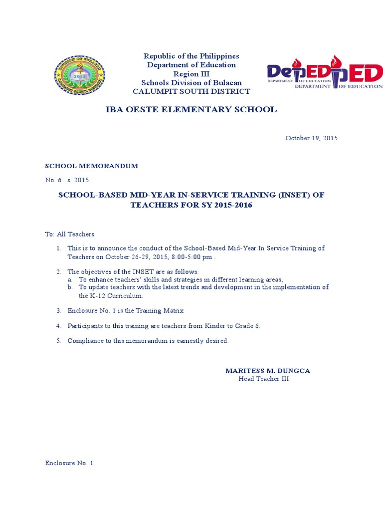 School Memo - Inset 2015 | PDF