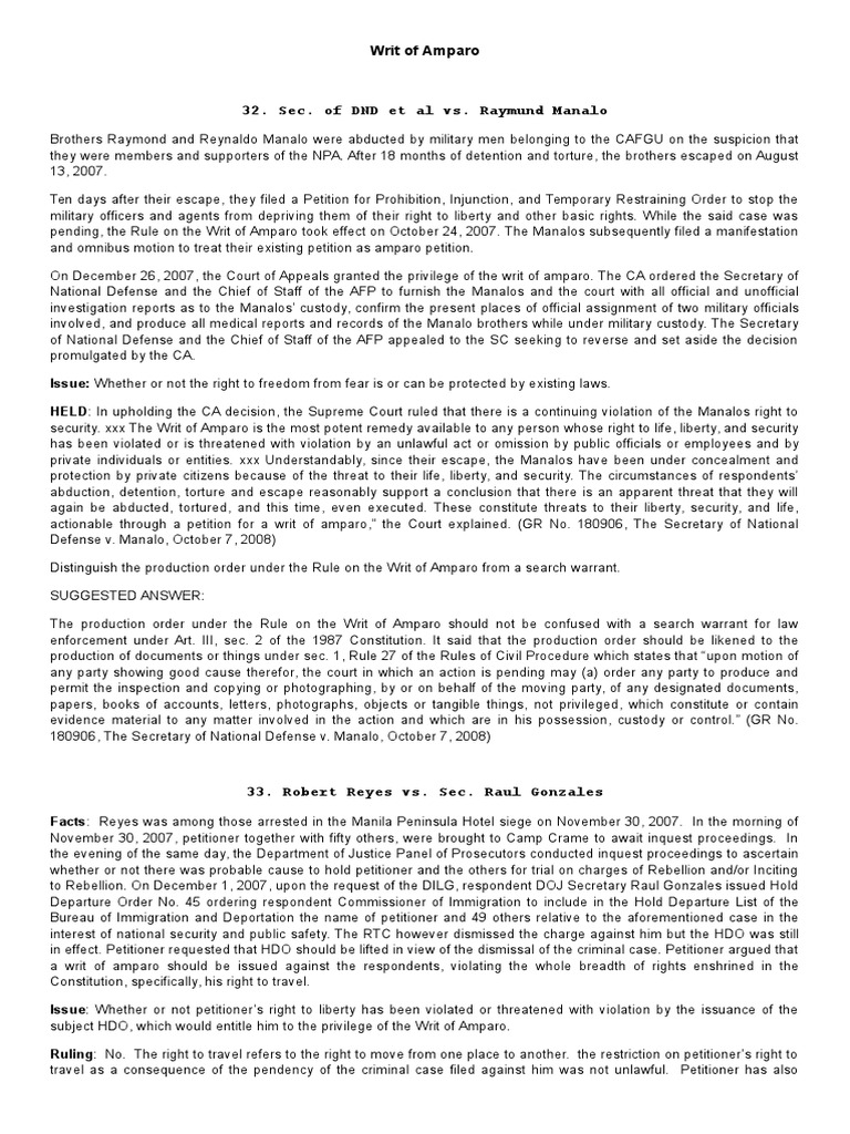 Writ of Amparo & Right To Privacy Digest - Cases 32 To 34 | PDF | Habeas Corpus | Search And Seizure