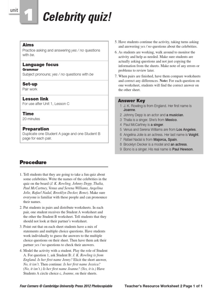 Four Corners 1 Worksheet Unit 1 Subject Pronouns, Yes No Questions With ...