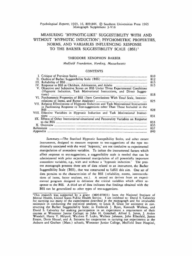 Measuring "Hypnotic-Like" Suggestibility With and Without "Hypnotic Induction" Psychometric ...