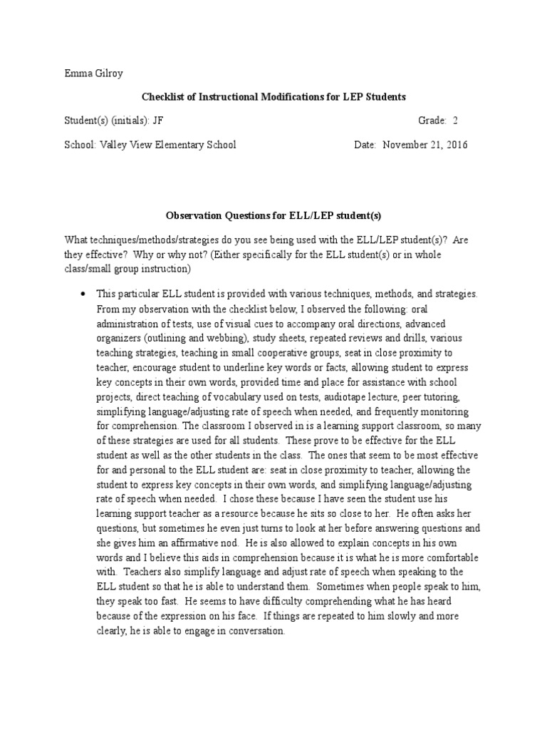 Educ 359 - Intro To Ell - Observation Checklist | PDF | Classroom ...