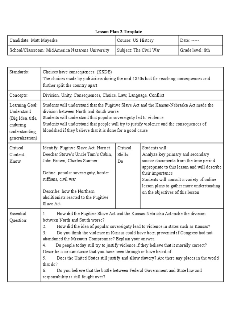 Civil War Lesson Plan Template 3 | PDF | Abolitionism In The United ...