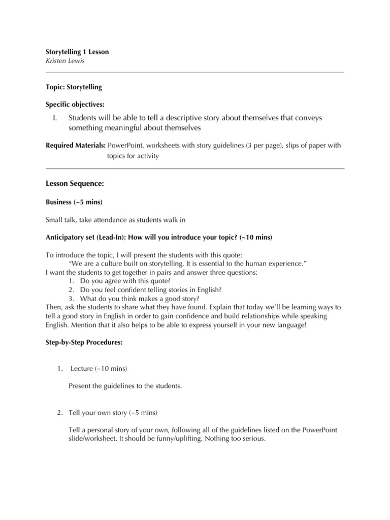 Storytelling ESL Lesson Plan | PDF | Storytelling | Lesson Plan