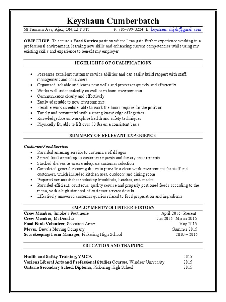 Keyshaun Cumberbatch Food Service Resume | PDF