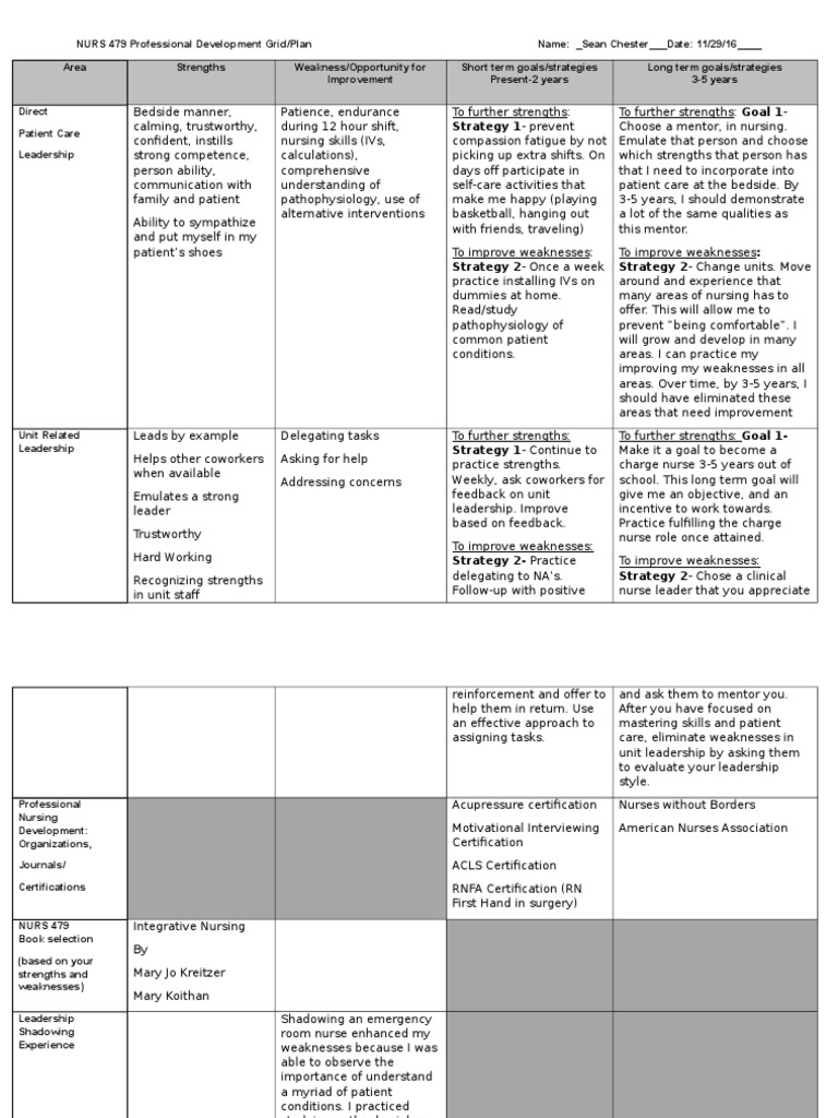 nurs479 professional development grid | Nursing | Leadership | Free 30 ...