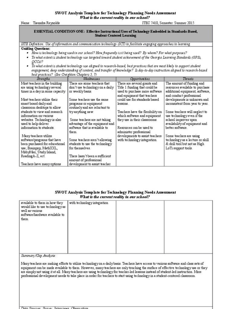 Reynolds T Swot | PDF | Needs Assessment | Educational Technology