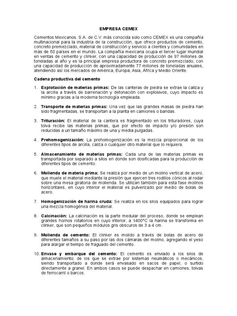 Cadena Productiva Del Cemento Empresa Cemex | PDF | Cemento | Industrias