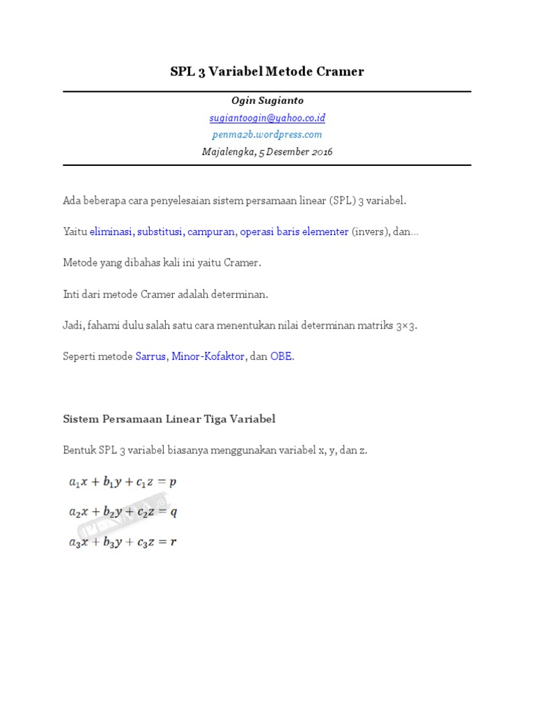 Penyelesaian SPL 3 Variabel Cramer | PDF | Metode & Bahan Ajar
