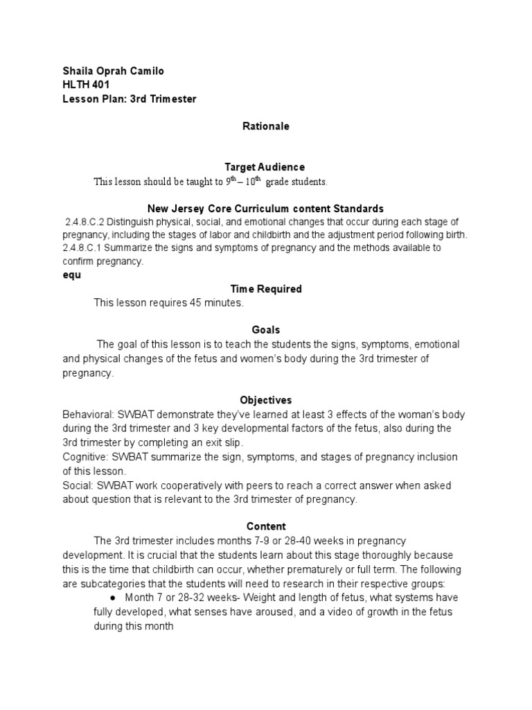 3rd Trimester Pregnancy Lesson Plan | PDF | Fetus | Pregnancy