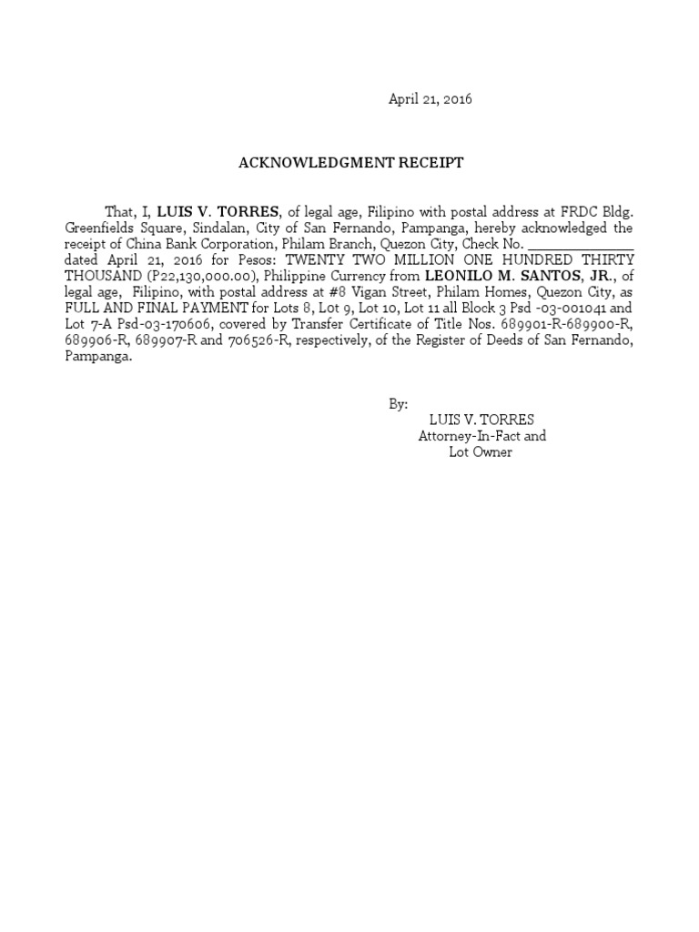 Real Estate Receipt Acknowledgment for 22.1 Million Pesos Payment | PDF