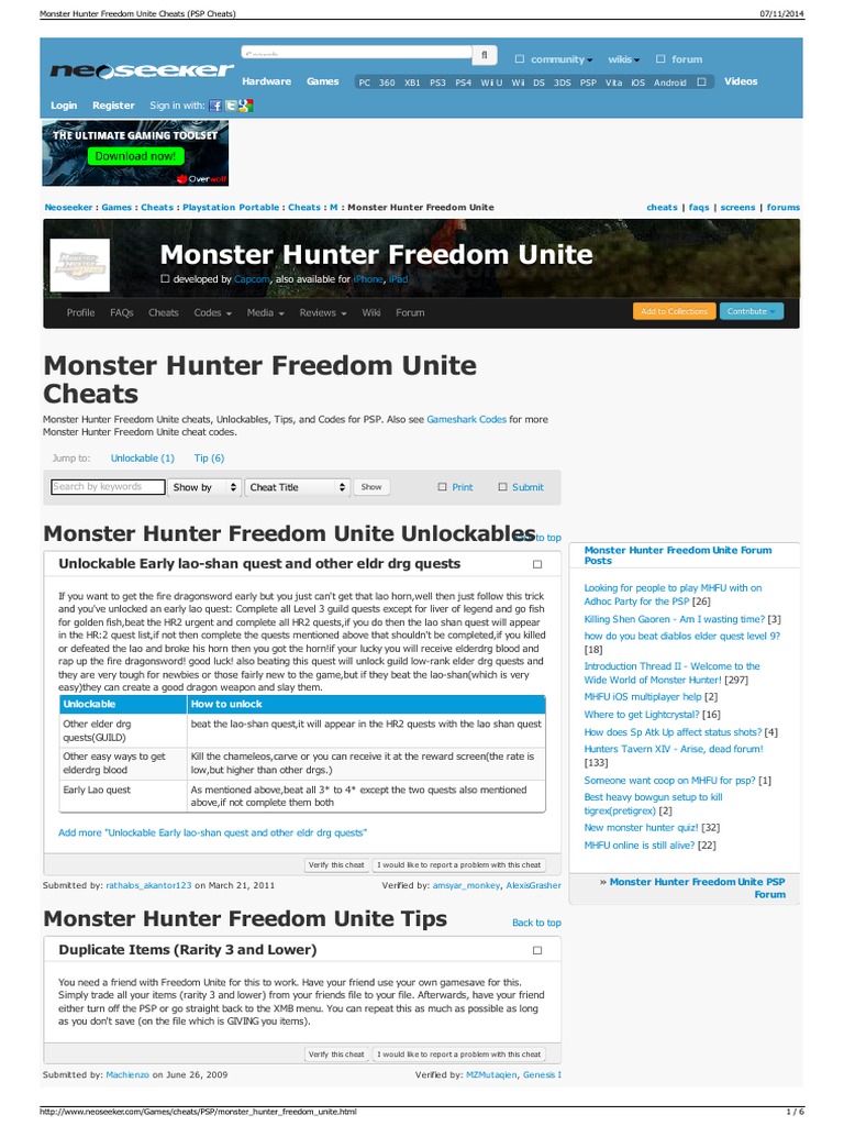 Monster Hunter Freedom Unite Cheats (PSP Cheats) | PDF | Ios | Video ...