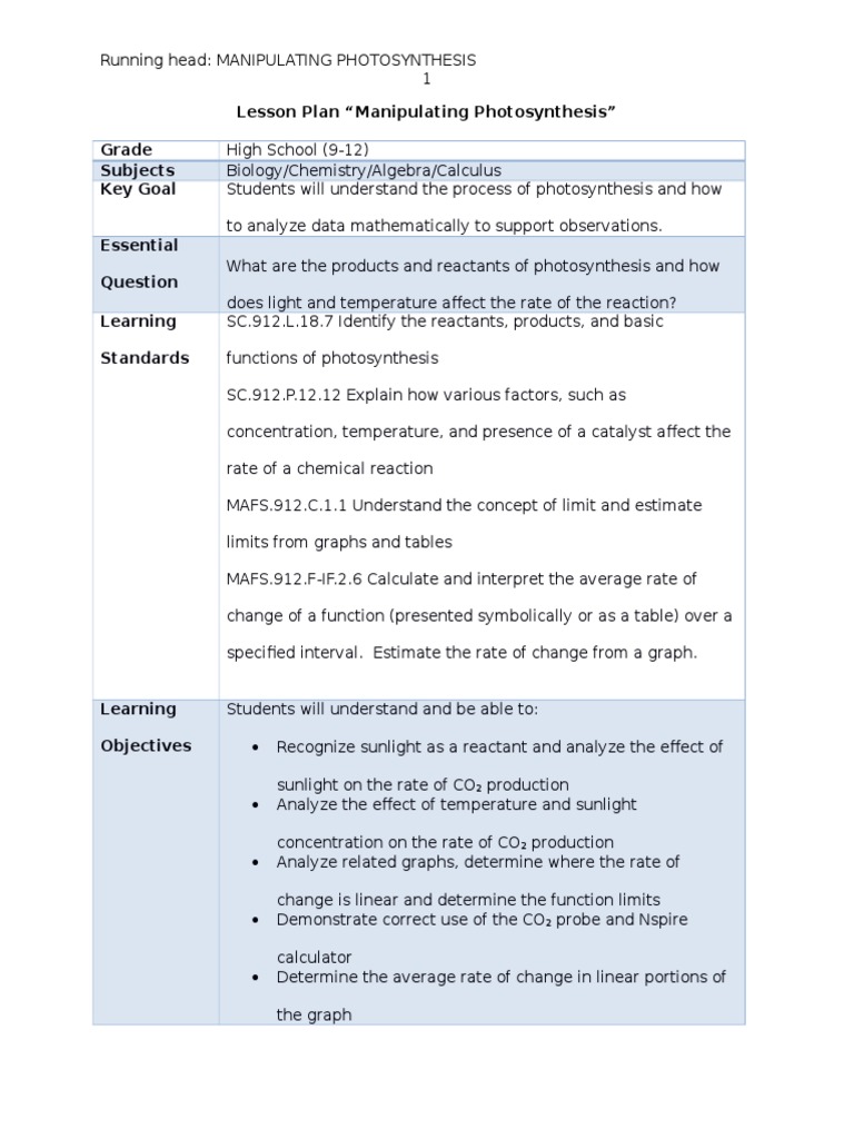 Photosynthesis Manipulation Lesson Plan | PDF | Photosynthesis ...