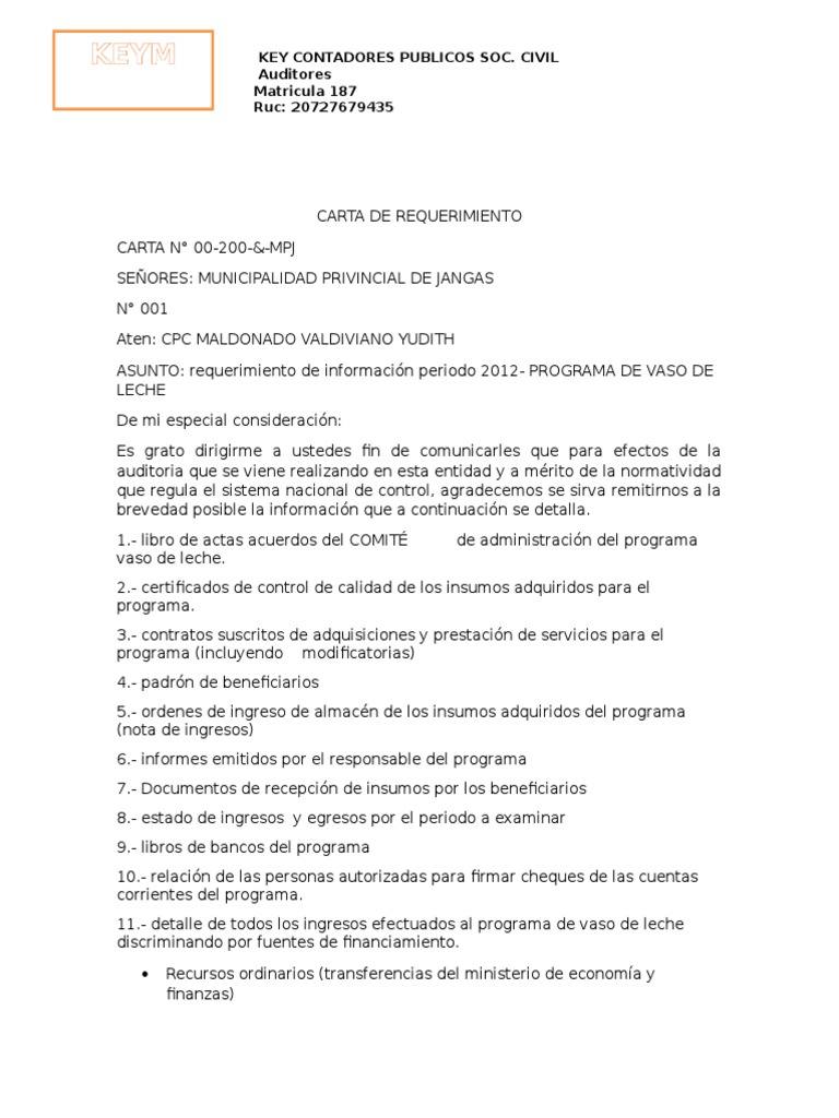 Carta de Requerimiento | Calidad (comercial) | Auditoría financiera
