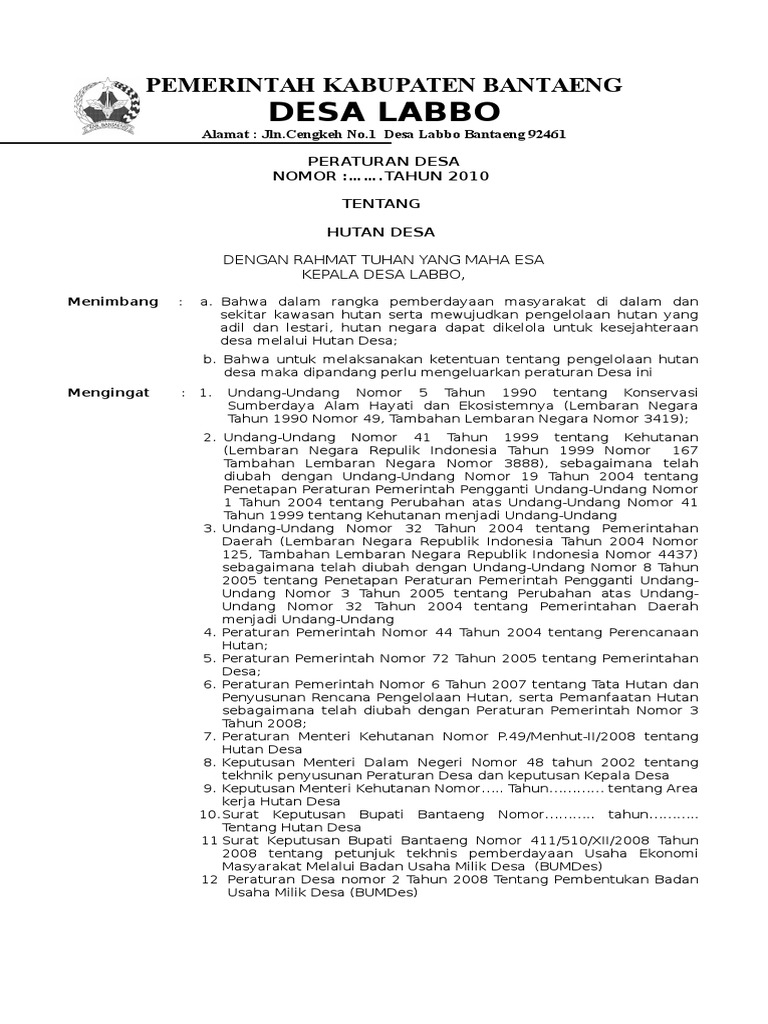 Rancangan Perdes Tentang Hutan Desa Labbo | PDF