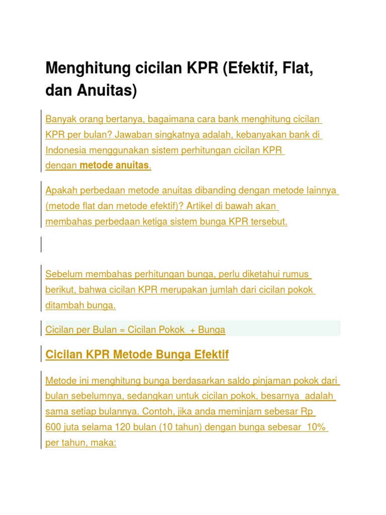 Metode Perhitungan Cicilan KPR | PDF | Pengelolaan Keuangan & Uang