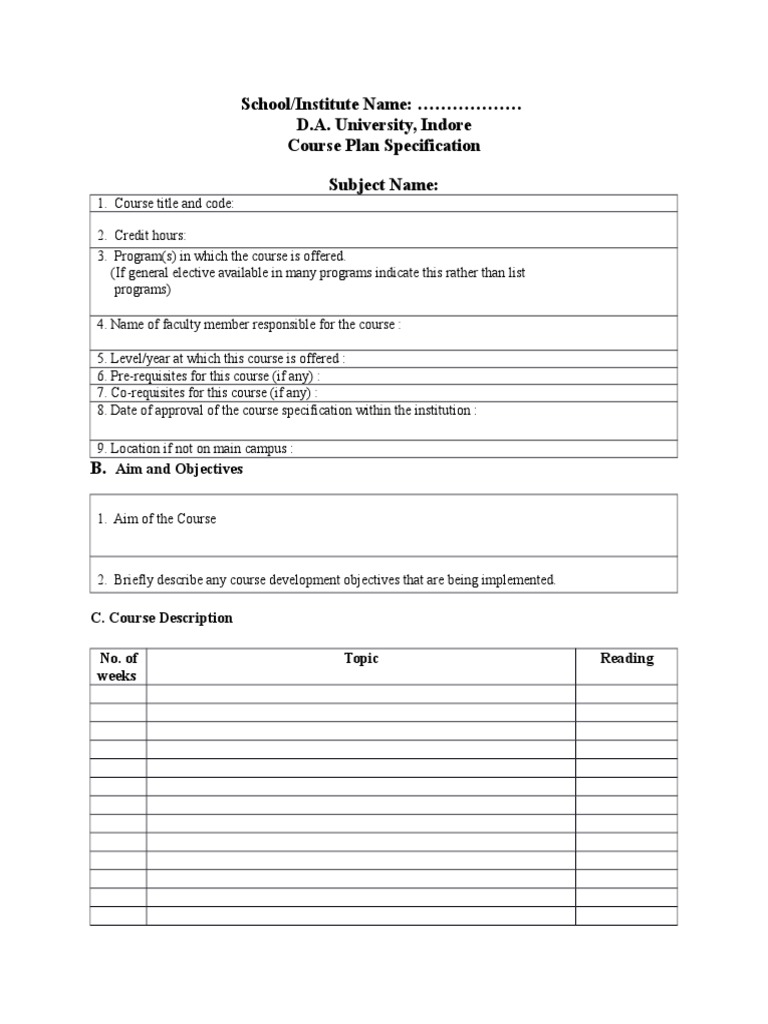 School/Institute Name: D.A. University, Indore Course Plan ...