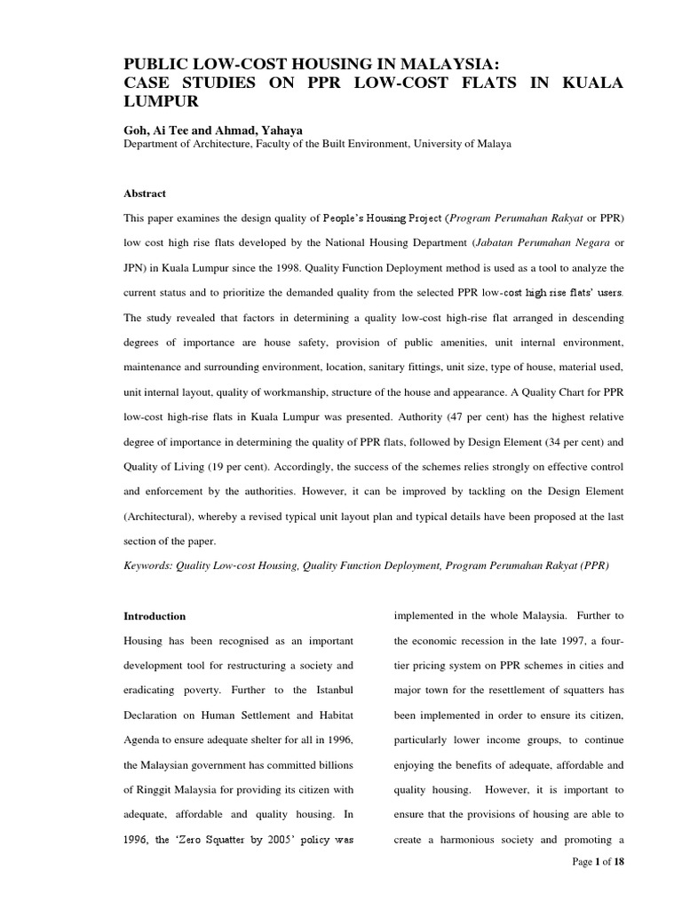Public Low-Cost Housing in Malaysia Case Studies On PPR Low-Cost Flats in Kuala Lumpur | PDF ...