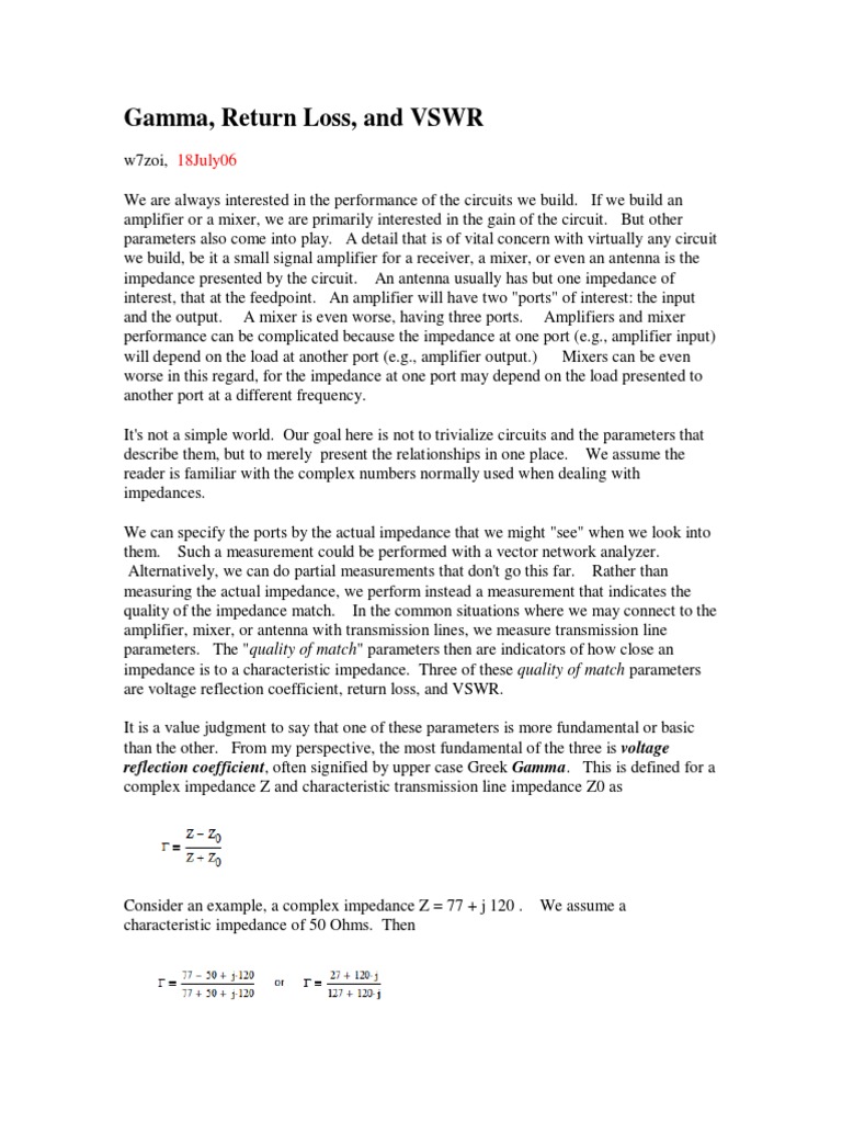 Gamma, Return Loss, and VSWR | PDF | Electronic Engineering ...