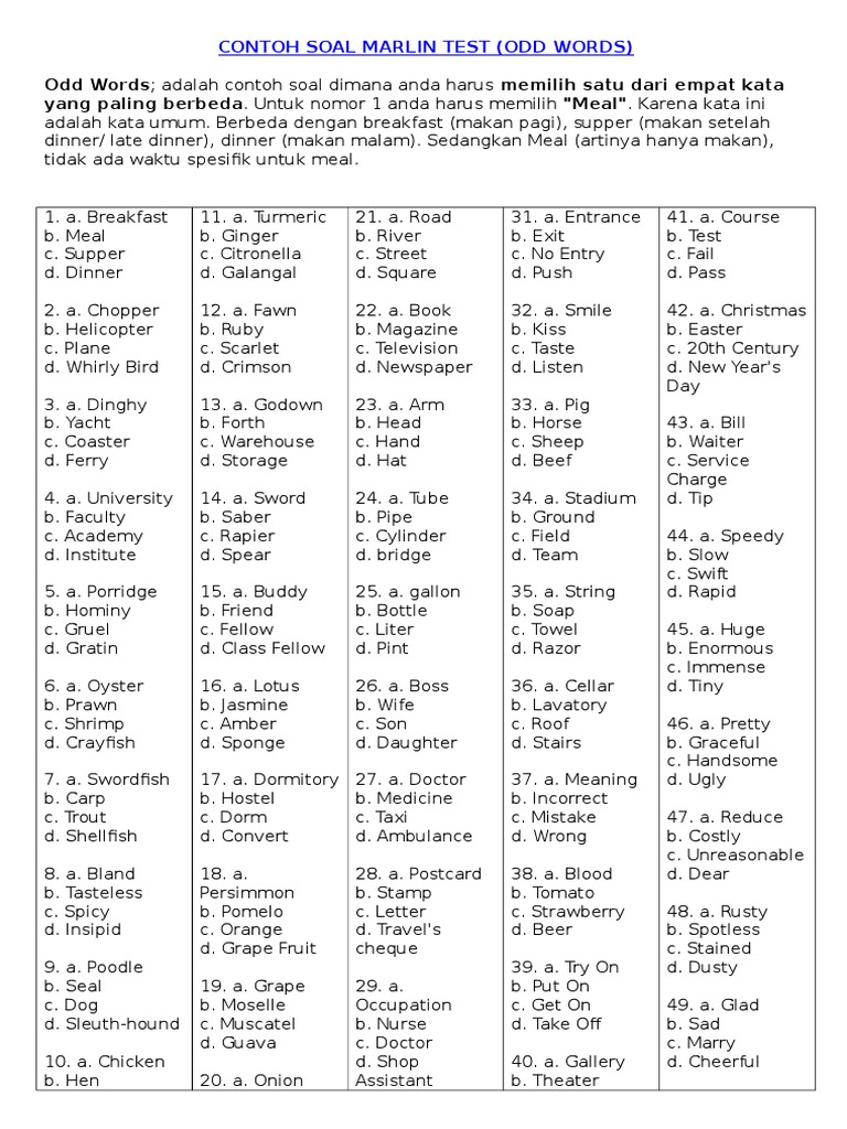 Contoh Soal Marlin Test (Odd Words) | PDF