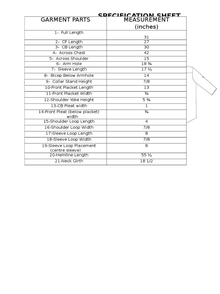 Specification Sheet: Garment Parts Measurement (Inches) | PDF