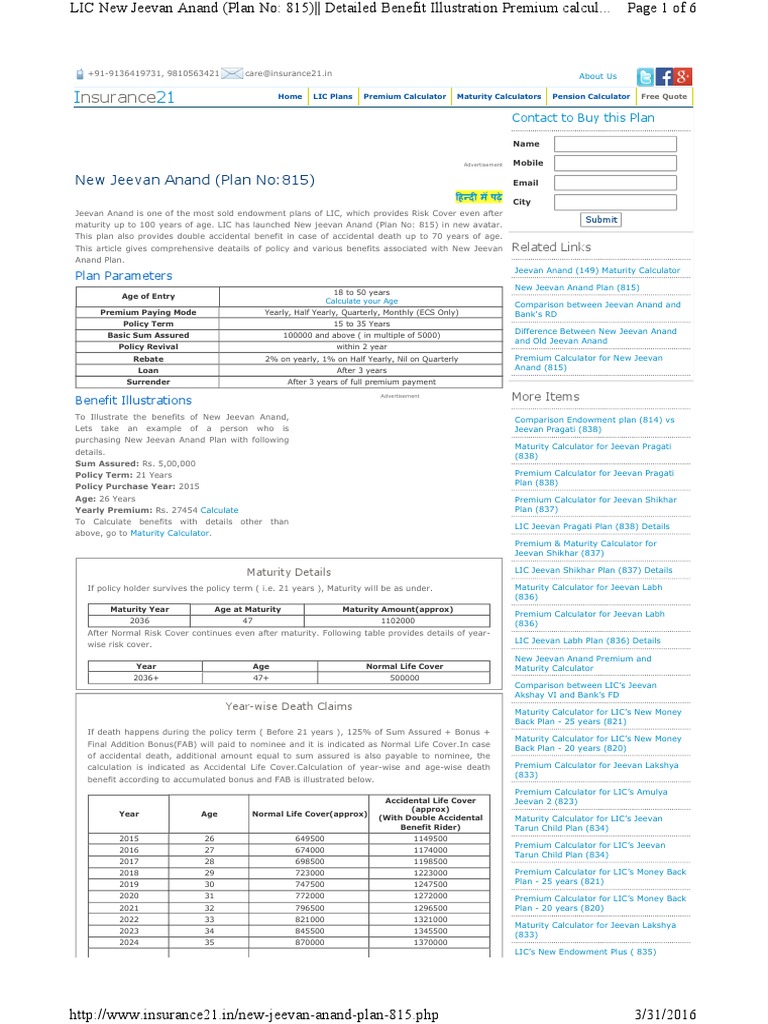 New Jeevan Anand Plan 815 | PDF | Insurance | Business Law