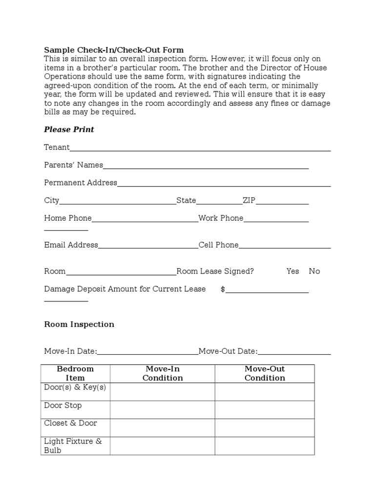 Sample Check-In/Check-Out Form: Please Print | PDF