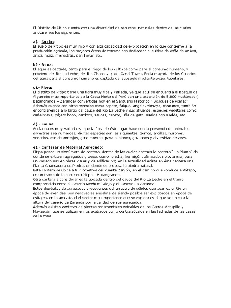Los recursos naturales del distrito de Pitipo y su potencial para la ...