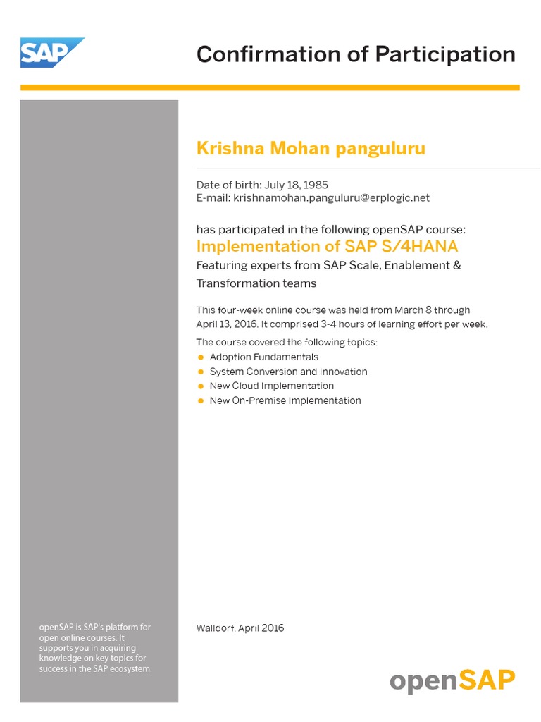 s4h4-ConfirmationOfParticipation S4HANA Implementation | PDF