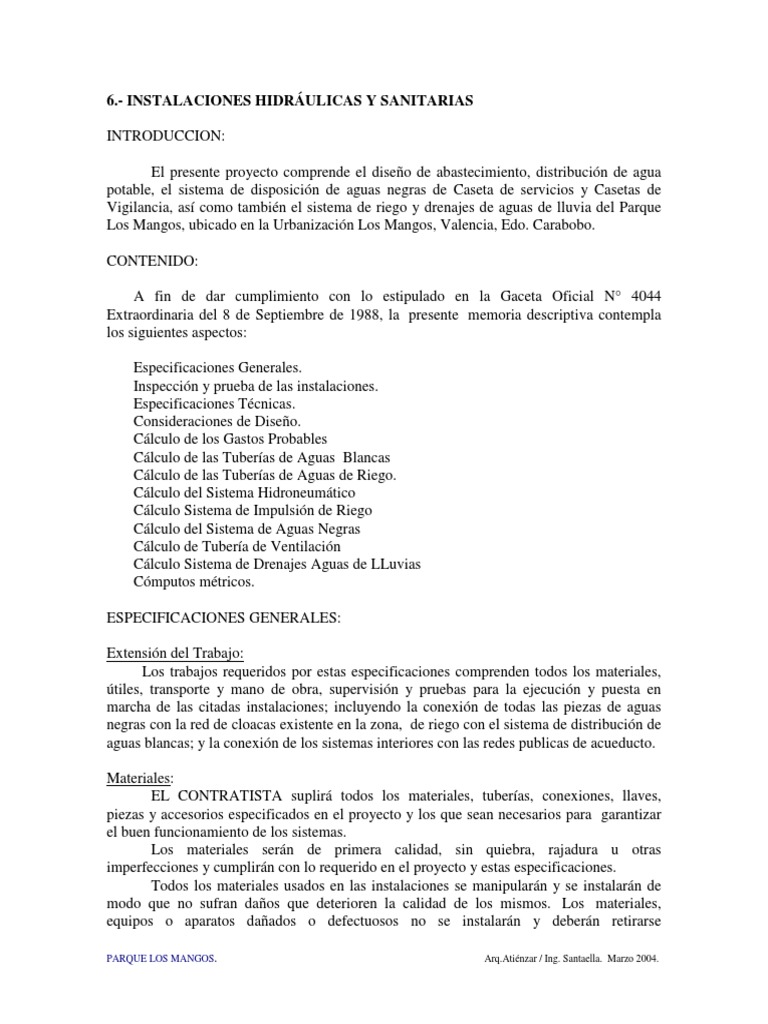 Memoria Inst Sanitarias Parque PDF | PDF | Tubería (transporte de ...