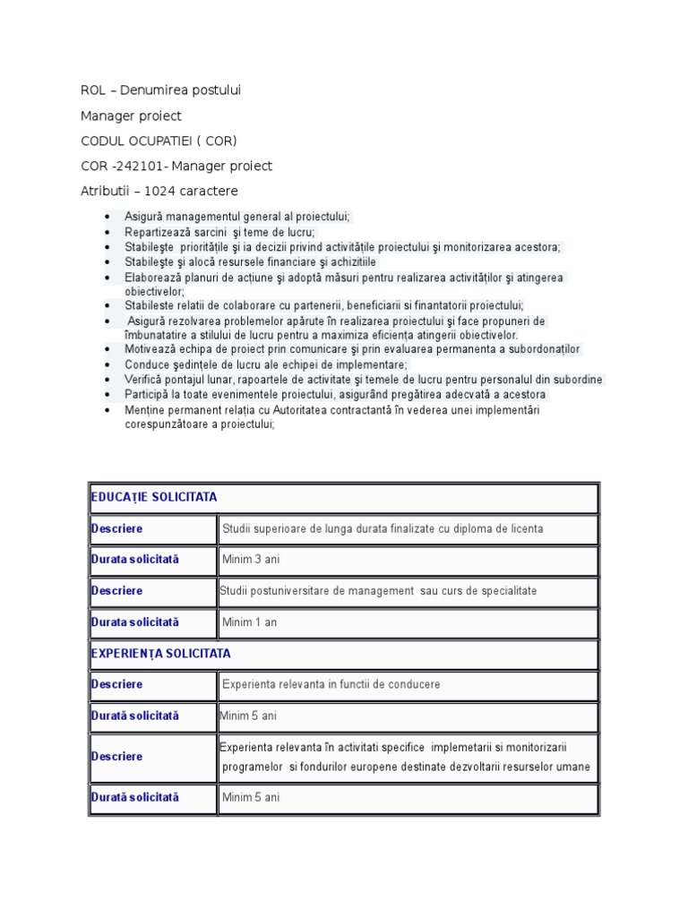 Fisa Post Manager Proiect