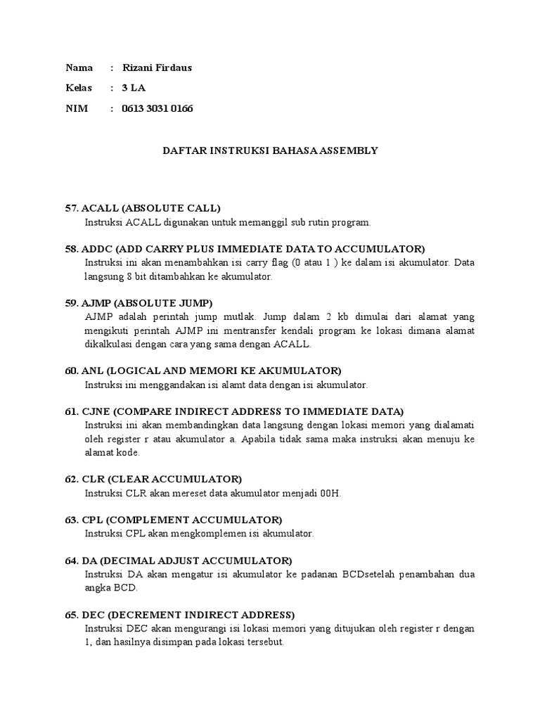 Daftar Instruksi Bahasa Assembly | PDF