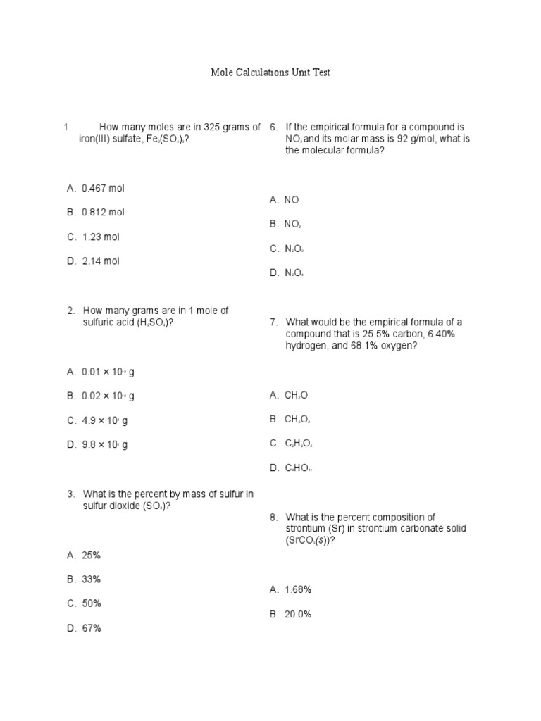 Mole Calculations Unit Test | PDF | Mole (Unit) | Oxygen
