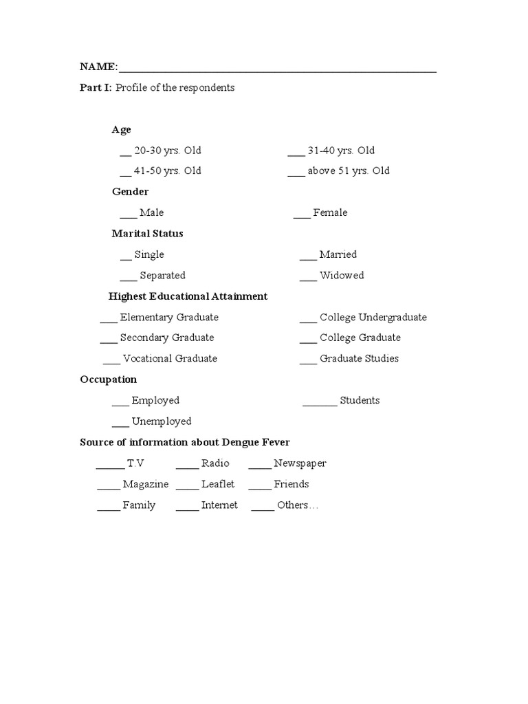 Questionnaire For Dengue Thesis | PDF