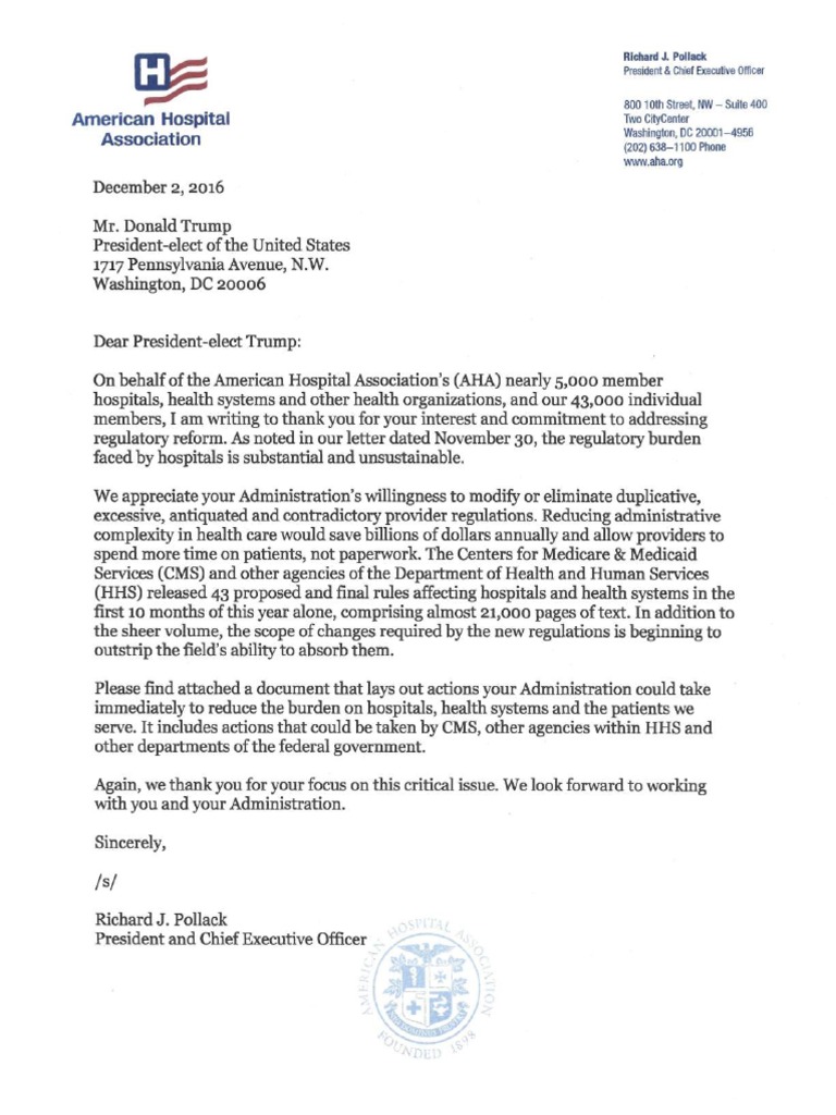 AHA Letter 2 To President-Elect Trump Regulatory Relief | PDF ...