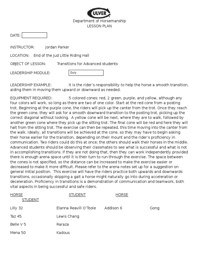 Lesson Plan 4 Transitions | PDF | Horse Gait | Horses