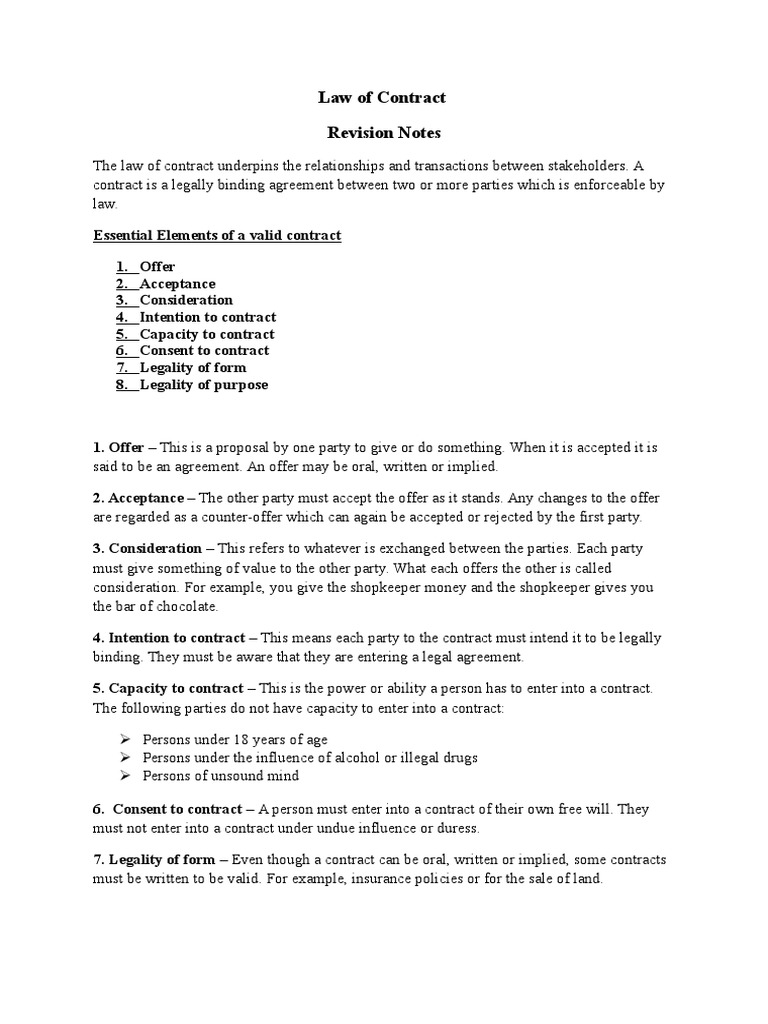 Law of Contract Revision Notes | PDF | Offer And Acceptance | Breach Of ...