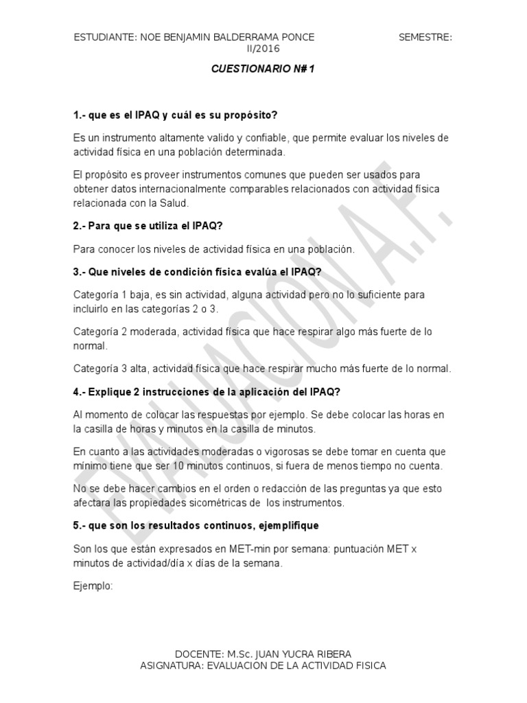 Ipaq Cuestionario | PDF | Cuestionario | Ejercicio físico