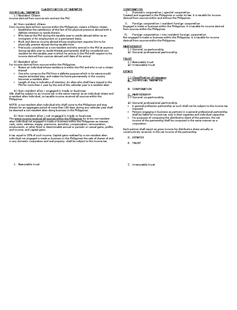 Taxpayer Classification in the Philippines | PDF | Capital Gains Tax ...