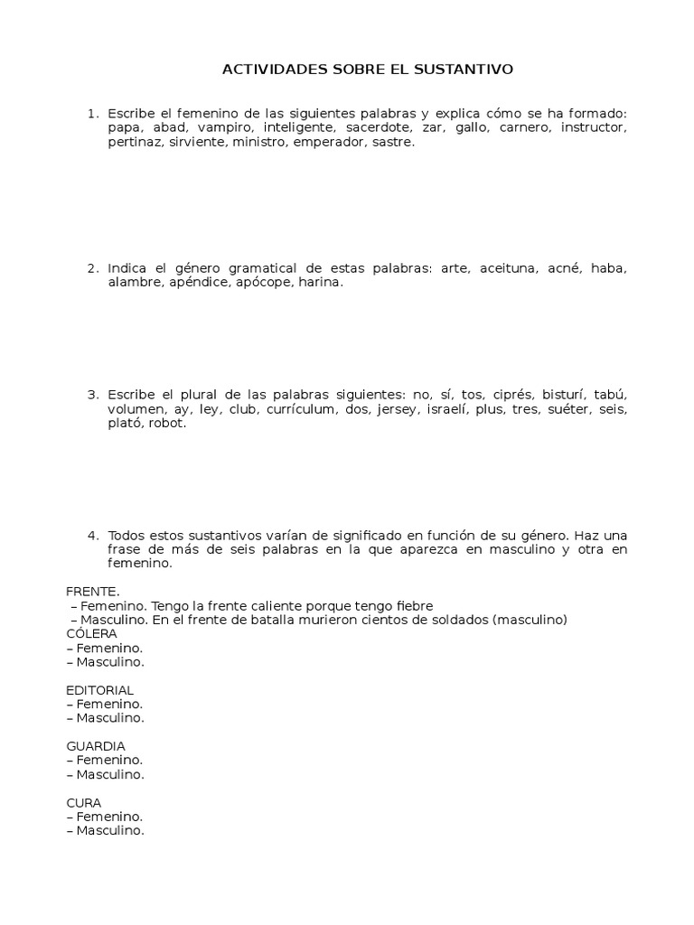 Ejercicios Sobre El Sustantivo